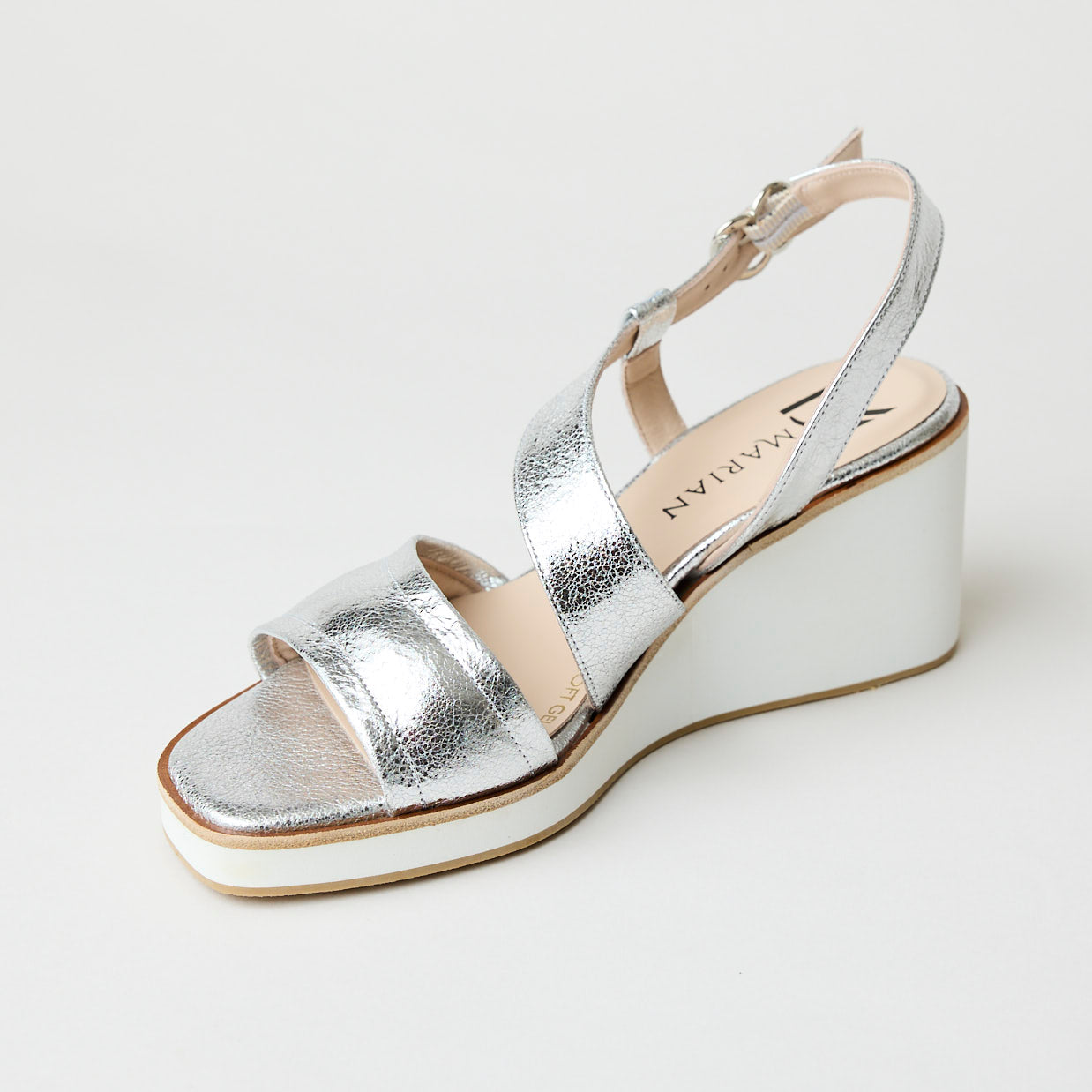 Marian Silver Leather Metallic Wedge Sandals, Nozomi Shoe Boutique