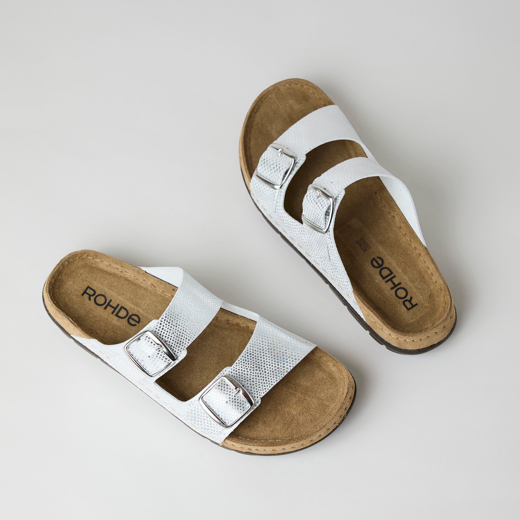 Rohde Silver Two Strap Metallic Leather Sandals | Shop online @ Nozomi